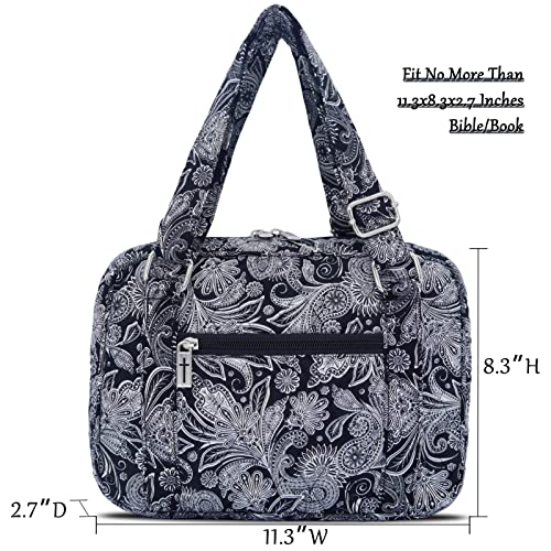Lost Deer Bible Covers Adjustable Shoulder Straps Scripture Book Case Bags for Women, Black Floral Quilted Cotton Cloth Bible Case Extra Large 11.3x8.3x2.7 Inches