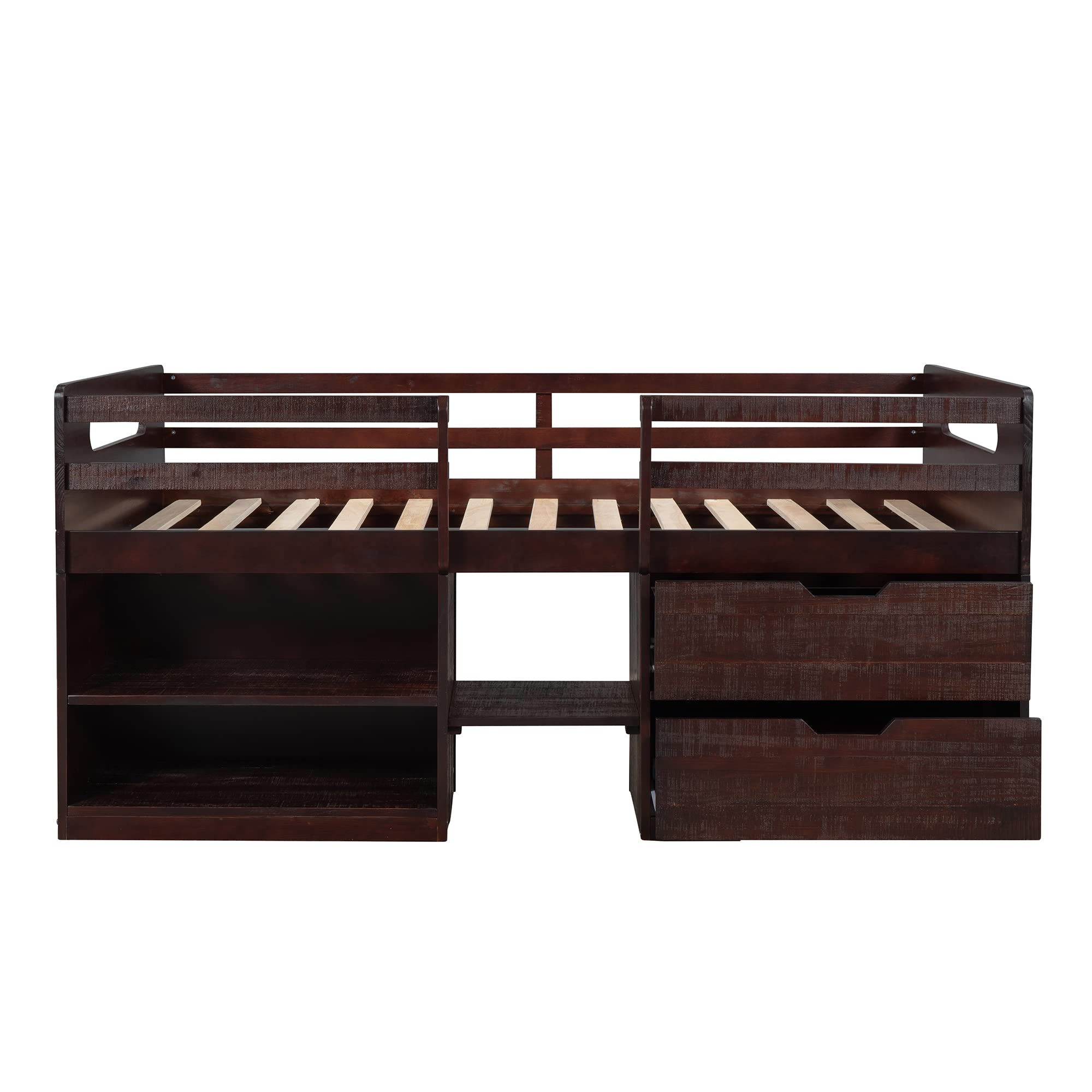 BIADNBZ Twin Size Low Loft Bed with Storage Drawers and Two Shelves, Solid Wood Kids LoftBed Frame for Boys Girls Bedroom, Antique Espresso