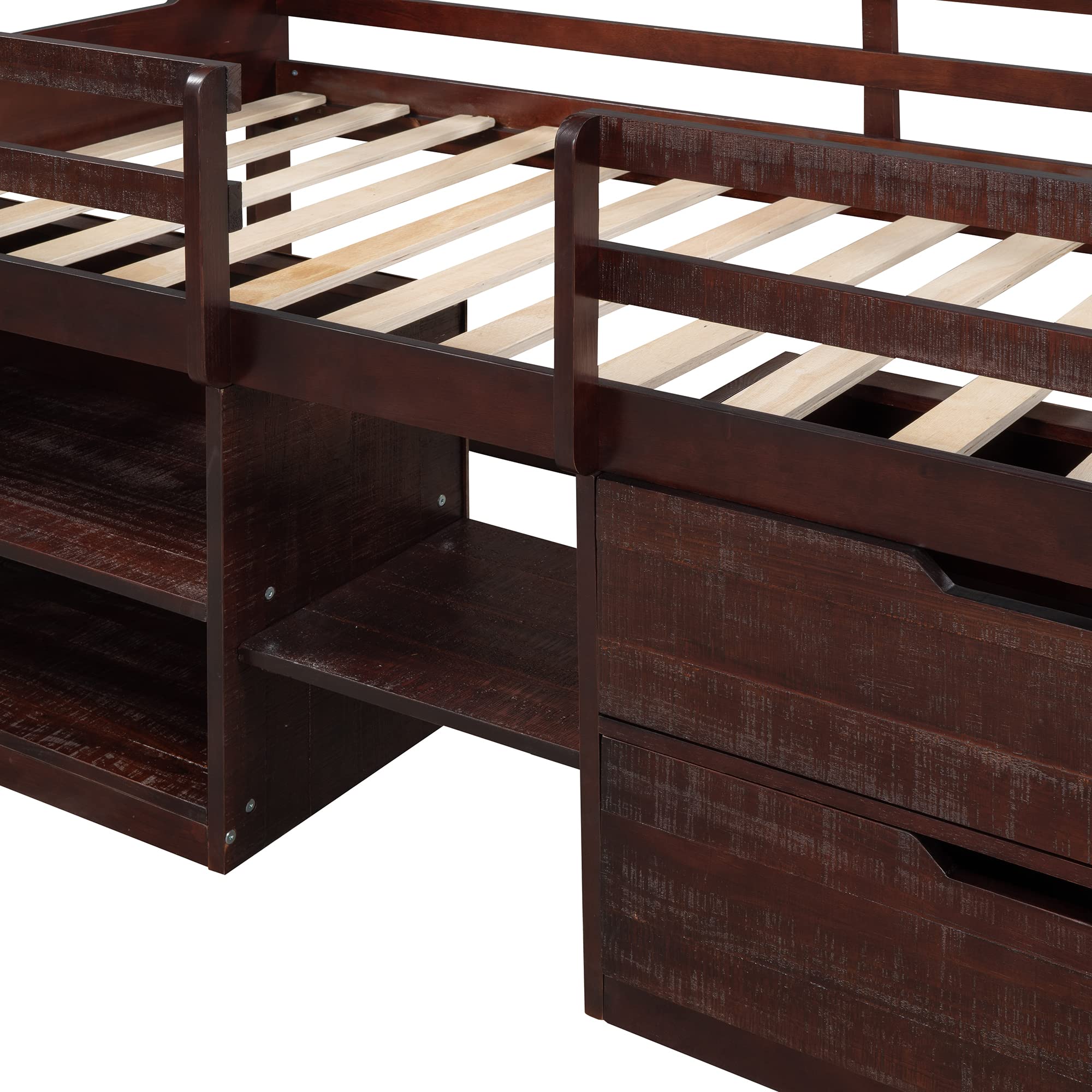 BIADNBZ Twin Size Low Loft Bed with Storage Drawers and Two Shelves, Solid Wood Kids LoftBed Frame for Boys Girls Bedroom, Antique Espresso