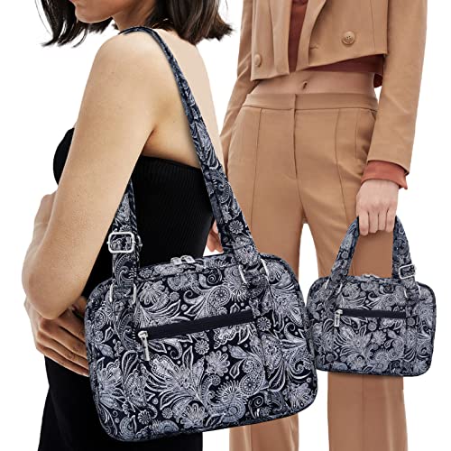 Lost Deer Bible Covers Adjustable Shoulder Straps Scripture Book Case Bags for Women, Black Floral Quilted Cotton Cloth Bible Case Extra Large 11.3x8.3x2.7 Inches