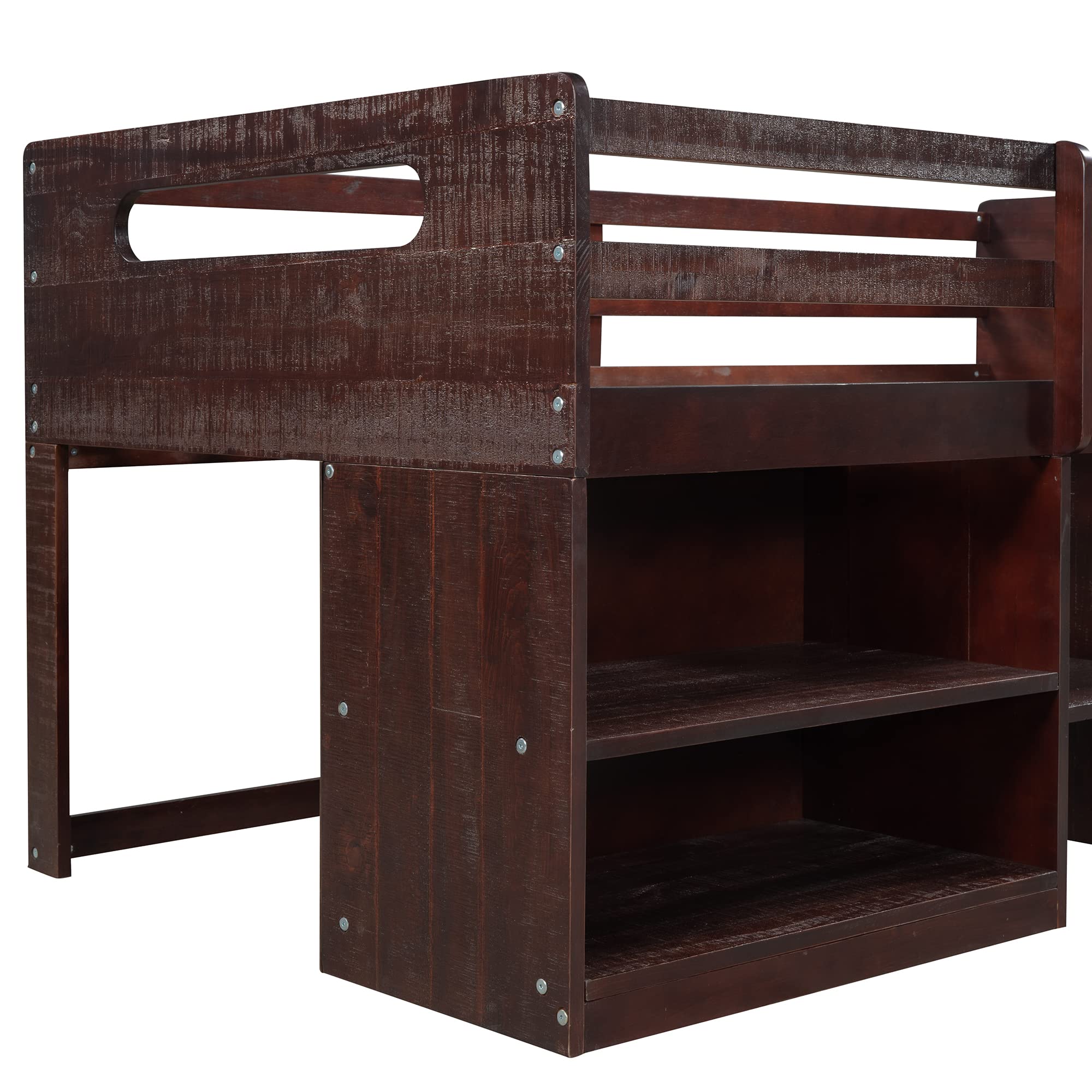 BIADNBZ Twin Size Low Loft Bed with Storage Drawers and Two Shelves, Solid Wood Kids LoftBed Frame for Boys Girls Bedroom, Antique Espresso