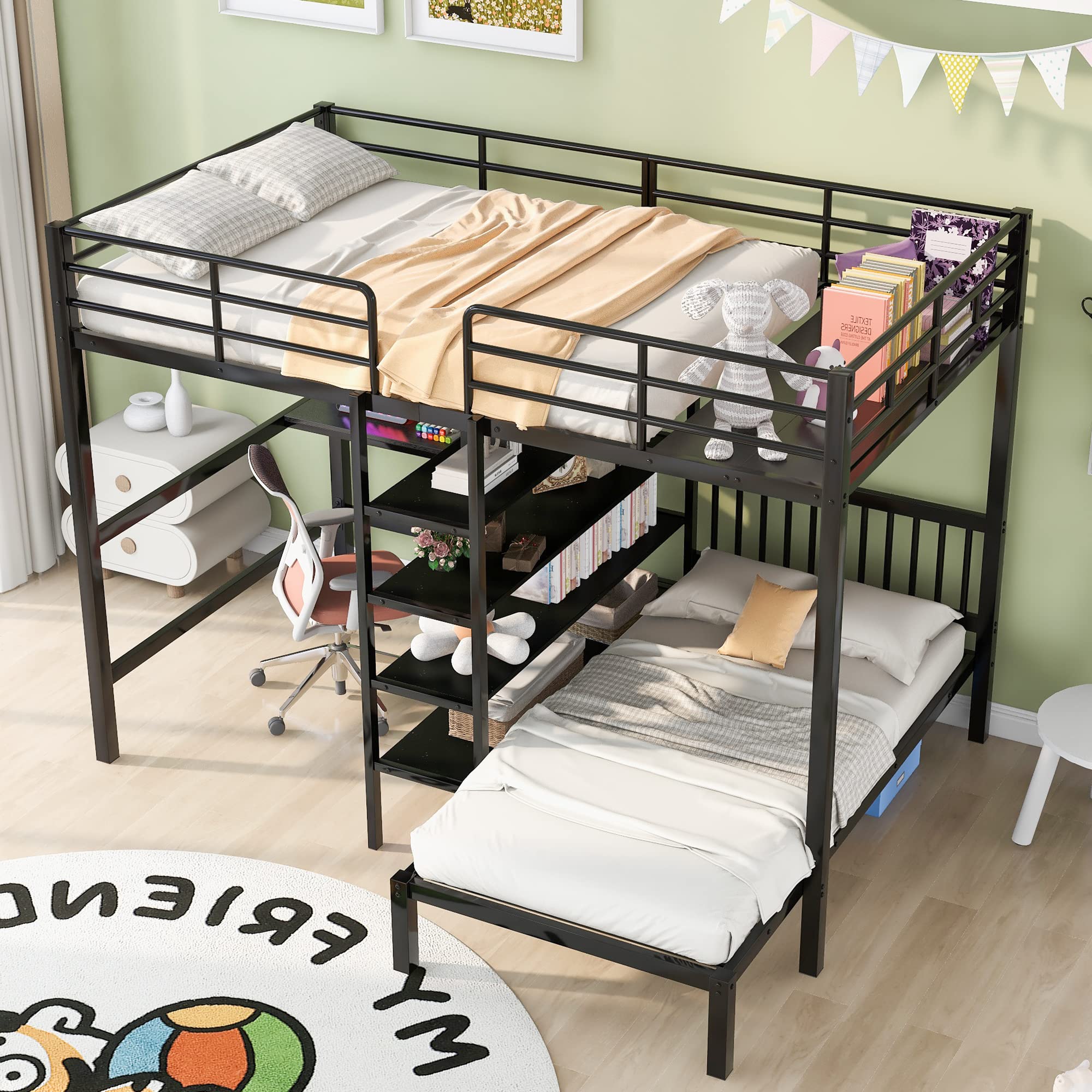 Merax Full Over Twin Metal Bunk Bed, L Shaped Loft Bed Frame with Built-in Desk, Shelves, and Ladder, Black