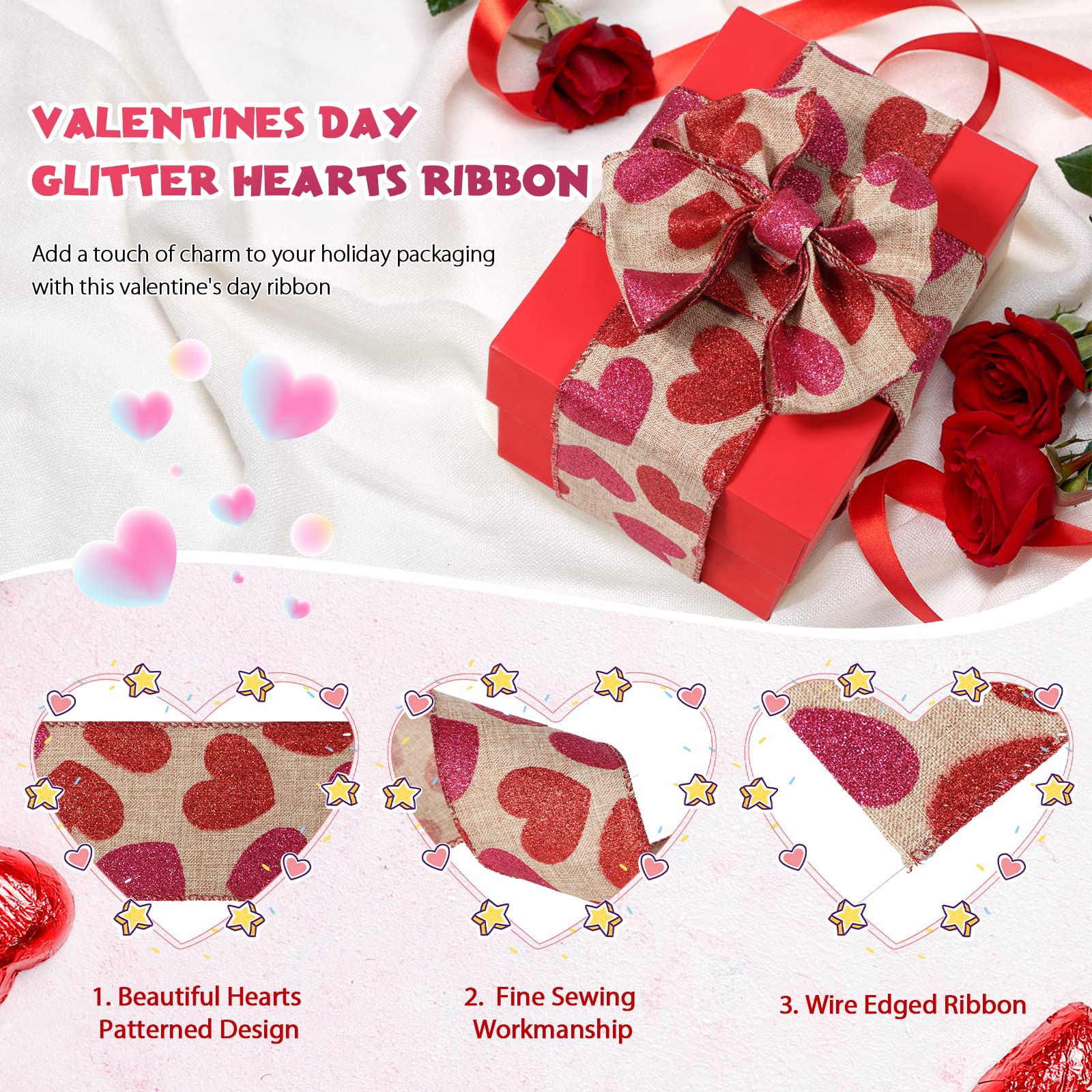2 Roll 20 Yards Glitter Hearts Wired Edge Burlap Ribbon Valentine Ribbon Valentine's Day Wired Ribbon for DIY Gift Wrapping Wreath Crafts Decoration, 2.5 Inch (Black, Red, Pink)