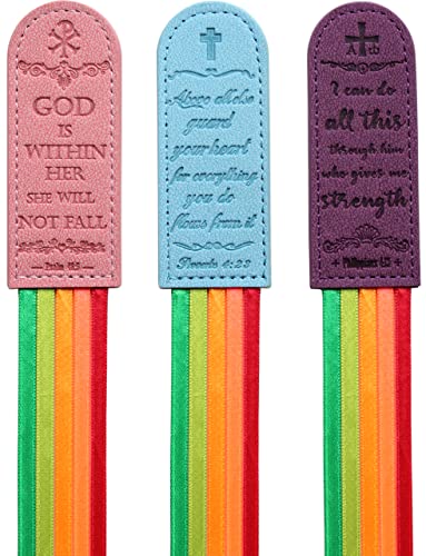 3 Pieces Leather Bible Bookmarks Bible Ribbon Bookmark Multi Ribbon Page Marker, Bible Verse Inspirational Bookmarks - Psalm 46:5, Proverbs 4:23, Philippians 4:13, Bible Accessories,Bible Supplies