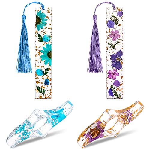 Kavoc 4 Pieces Flower Acrylic Bookmarks Book Page Holder Floral Bookmarks with Colorful Tassels Thumb Ring Page Holder Transparent Page Holders for Reading Students Teachers (Blue/Purple)
