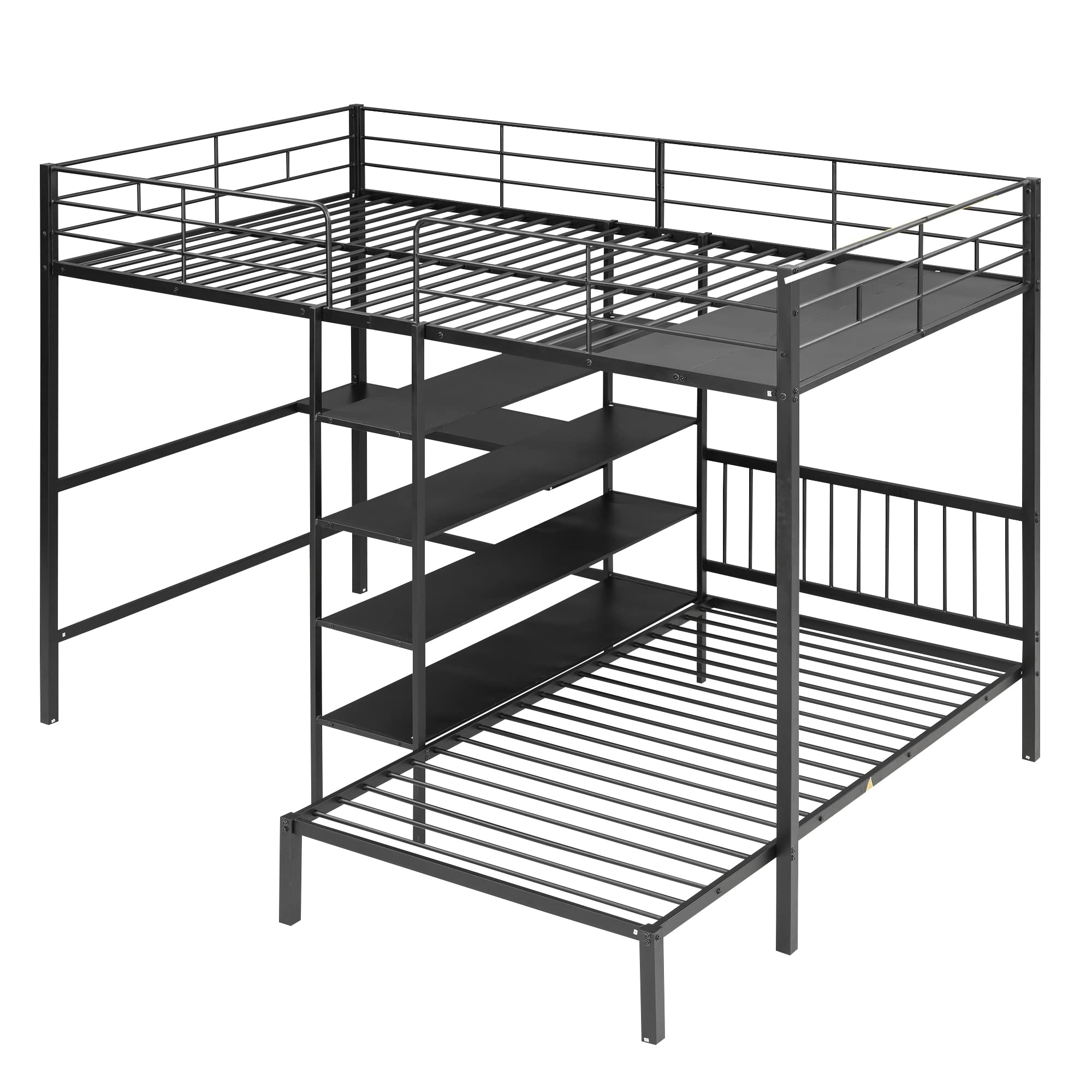 Merax Full Over Twin Metal Bunk Bed, L Shaped Loft Bed Frame with Built-in Desk, Shelves, and Ladder, Black