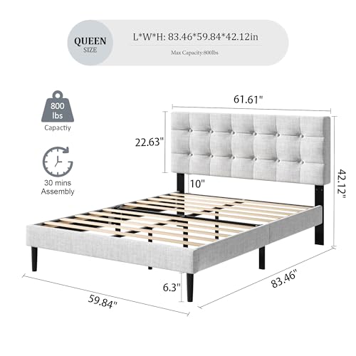 UNIZONE Queen Size Bed Frame with Button Tufted Upholstered Headboard, Linen Platform Bed with Wood Slats Support, Mattress Foundation, No Box Spring Needed, Easy Assembly, Light Grey