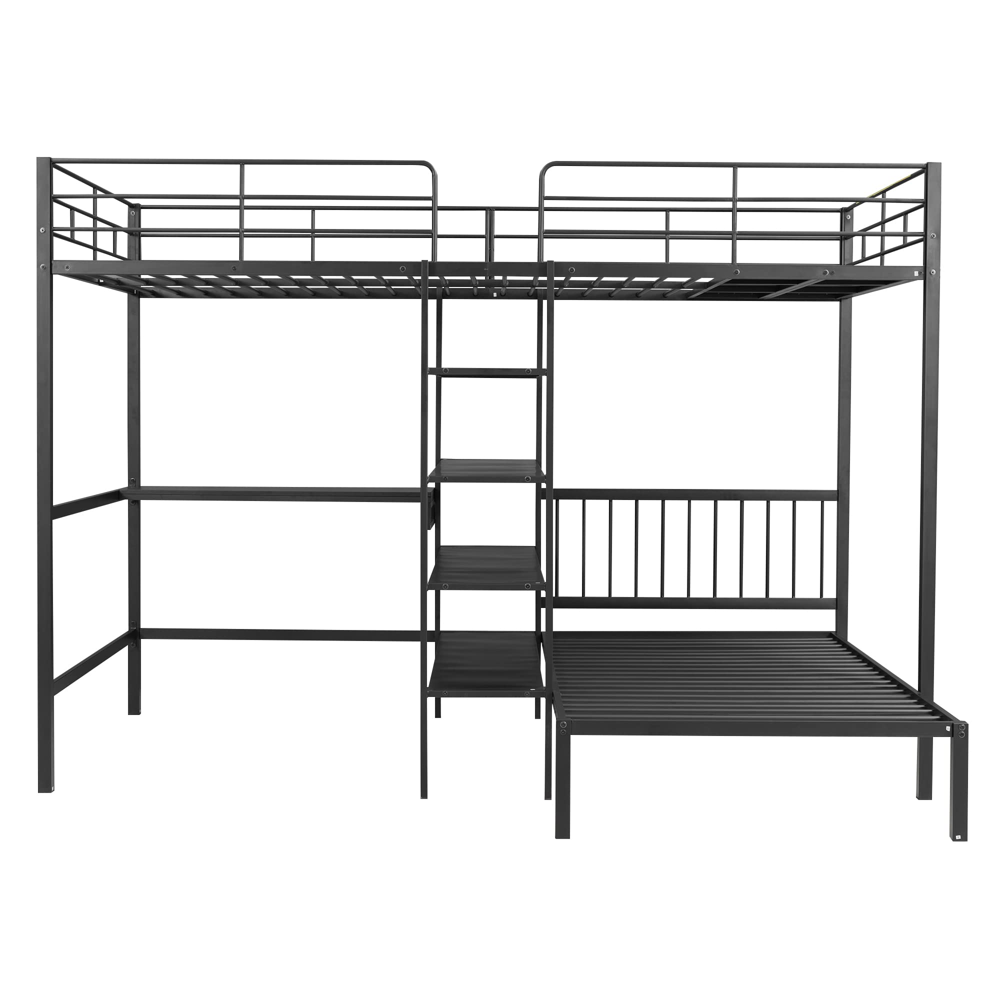 Merax Full Over Twin Metal Bunk Bed, L Shaped Loft Bed Frame with Built-in Desk, Shelves, and Ladder, Black