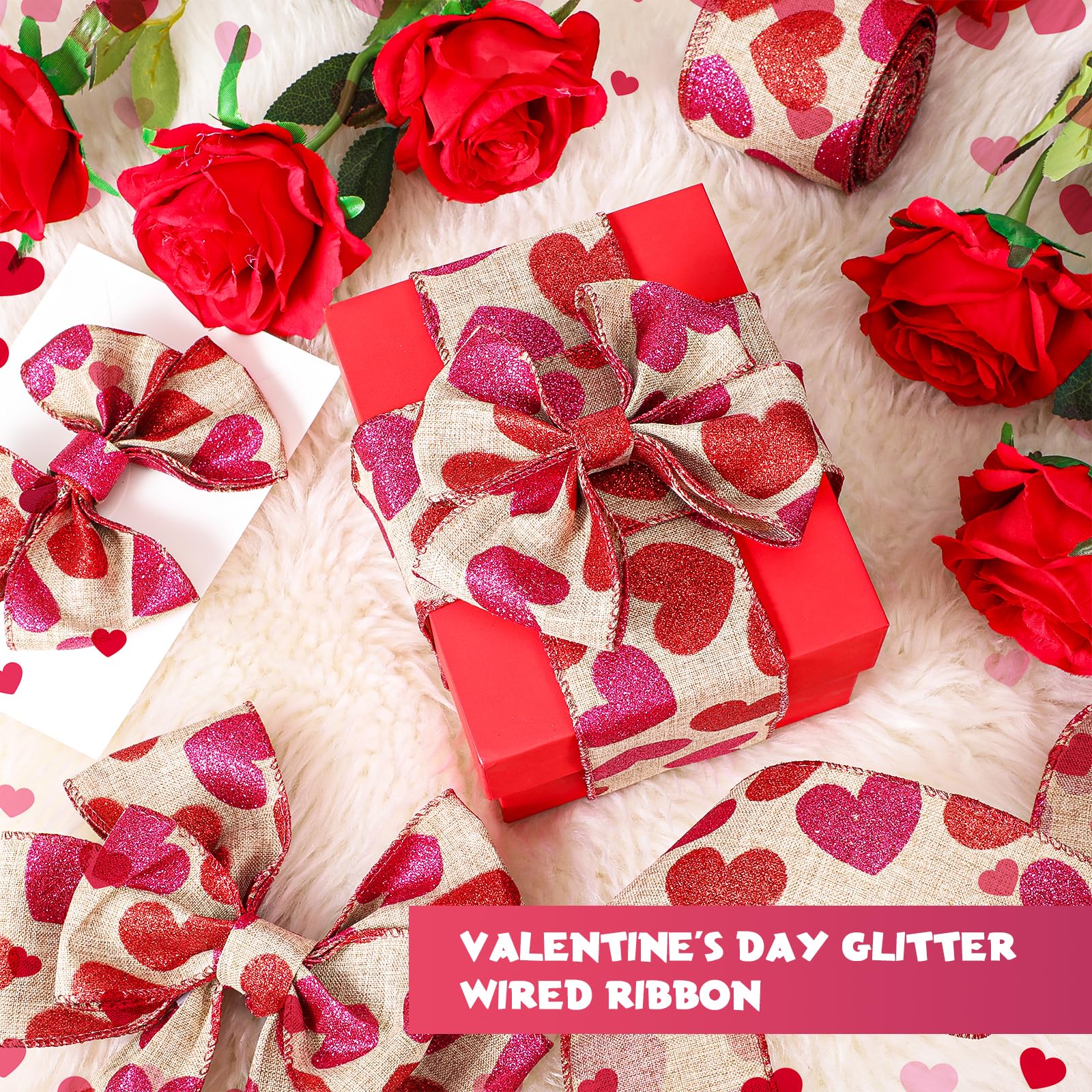 2 Roll 20 Yards Glitter Hearts Wired Edge Burlap Ribbon Valentine Ribbon Valentine's Day Wired Ribbon for DIY Gift Wrapping Wreath Crafts Decoration, 2.5 Inch (Black, Red, Pink)