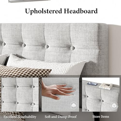 UNIZONE Queen Size Bed Frame with Button Tufted Upholstered Headboard, Linen Platform Bed with Wood Slats Support, Mattress Foundation, No Box Spring Needed, Easy Assembly, Light Grey