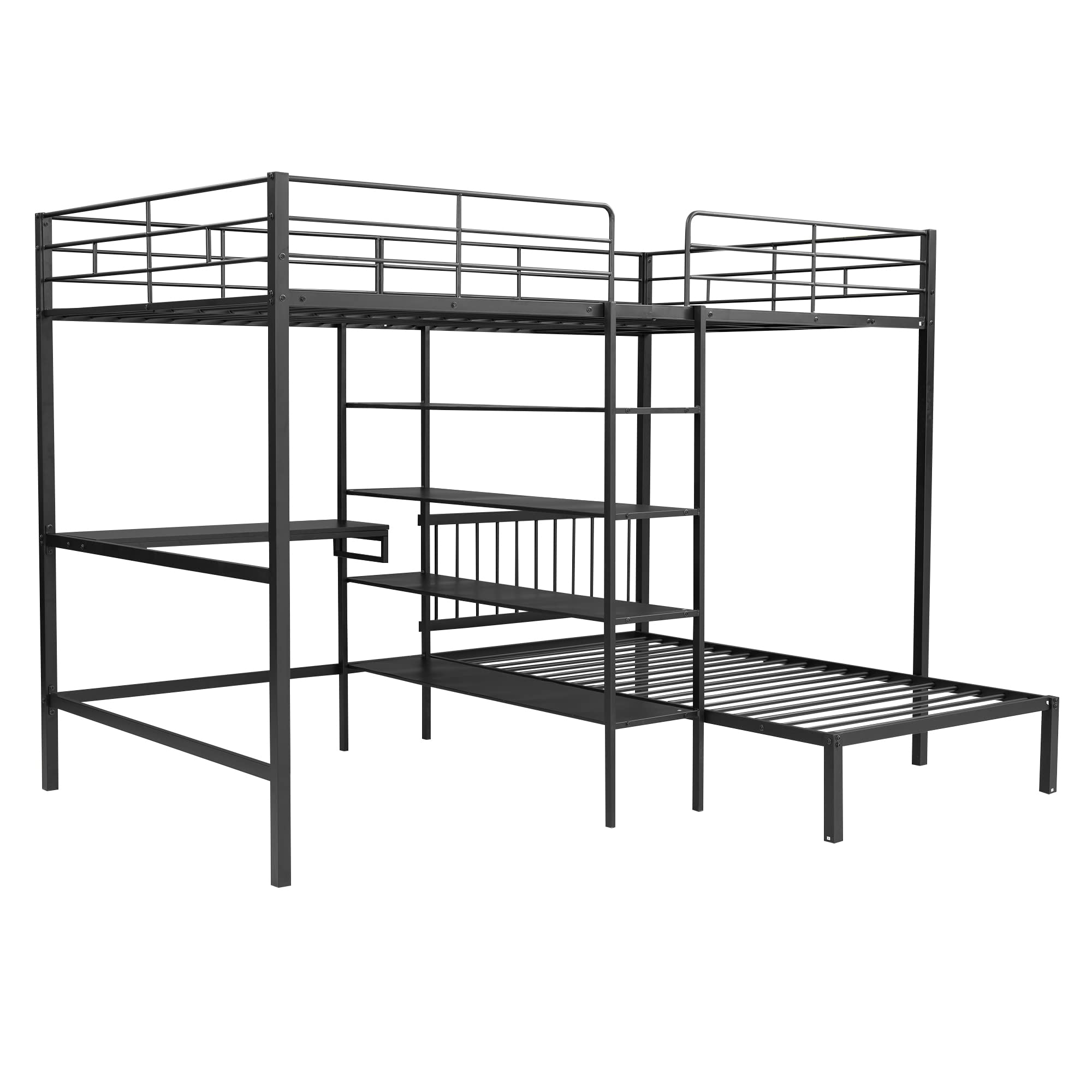 Merax Full Over Twin Metal Bunk Bed, L Shaped Loft Bed Frame with Built-in Desk, Shelves, and Ladder, Black