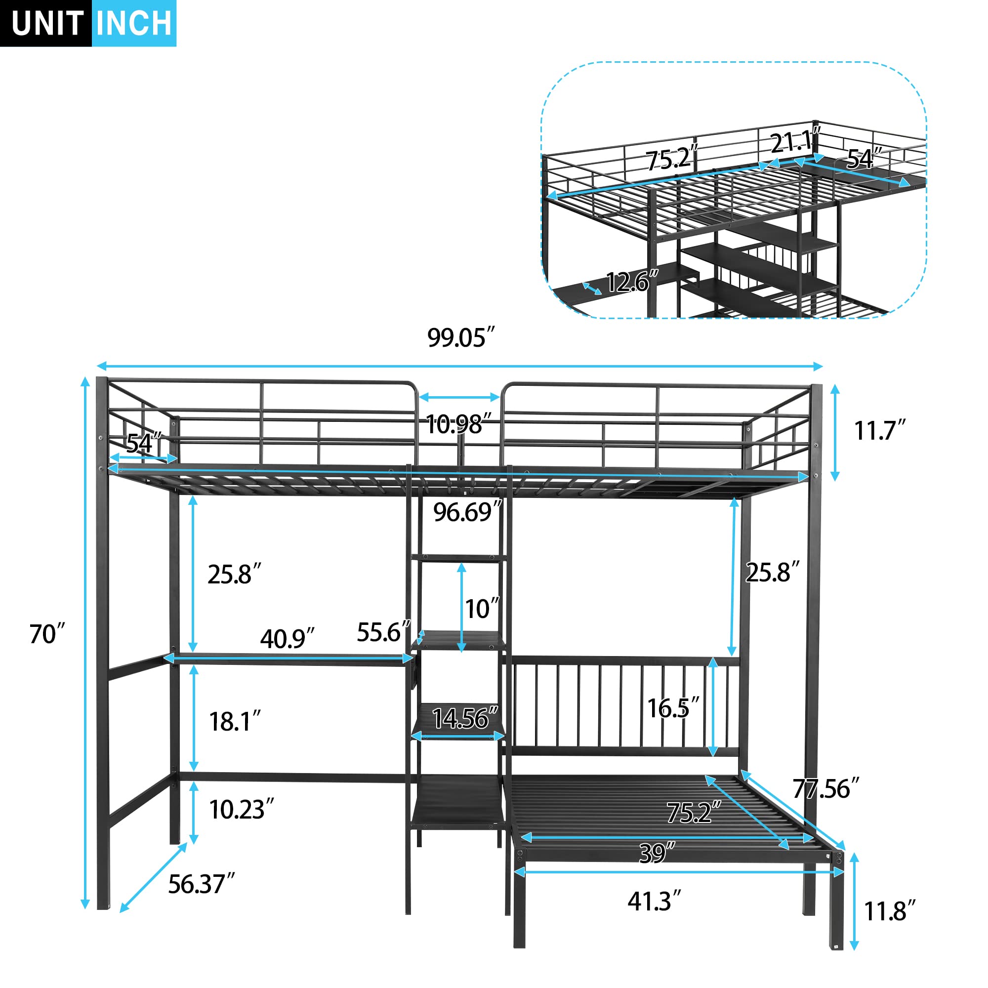 Merax Full Over Twin Metal Bunk Bed, L Shaped Loft Bed Frame with Built-in Desk, Shelves, and Ladder, Black
