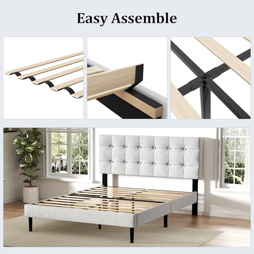 UNIZONE Queen Size Bed Frame with Button Tufted Upholstered Headboard, Linen Platform Bed with Wood Slats Support, Mattress Foundation, No Box Spring Needed, Easy Assembly, Light Grey