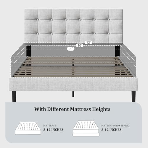 UNIZONE Queen Size Bed Frame with Button Tufted Upholstered Headboard, Linen Platform Bed with Wood Slats Support, Mattress Foundation, No Box Spring Needed, Easy Assembly, Light Grey