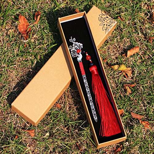 GTHER Chinese Metal Bookmarks with Tassel, Vintage Bookmark Unique Classical Ancient Chinese Hairpin Bookmark with Handmade Silky Tassel for Book Lovers Unique Gift, Plum Blossom