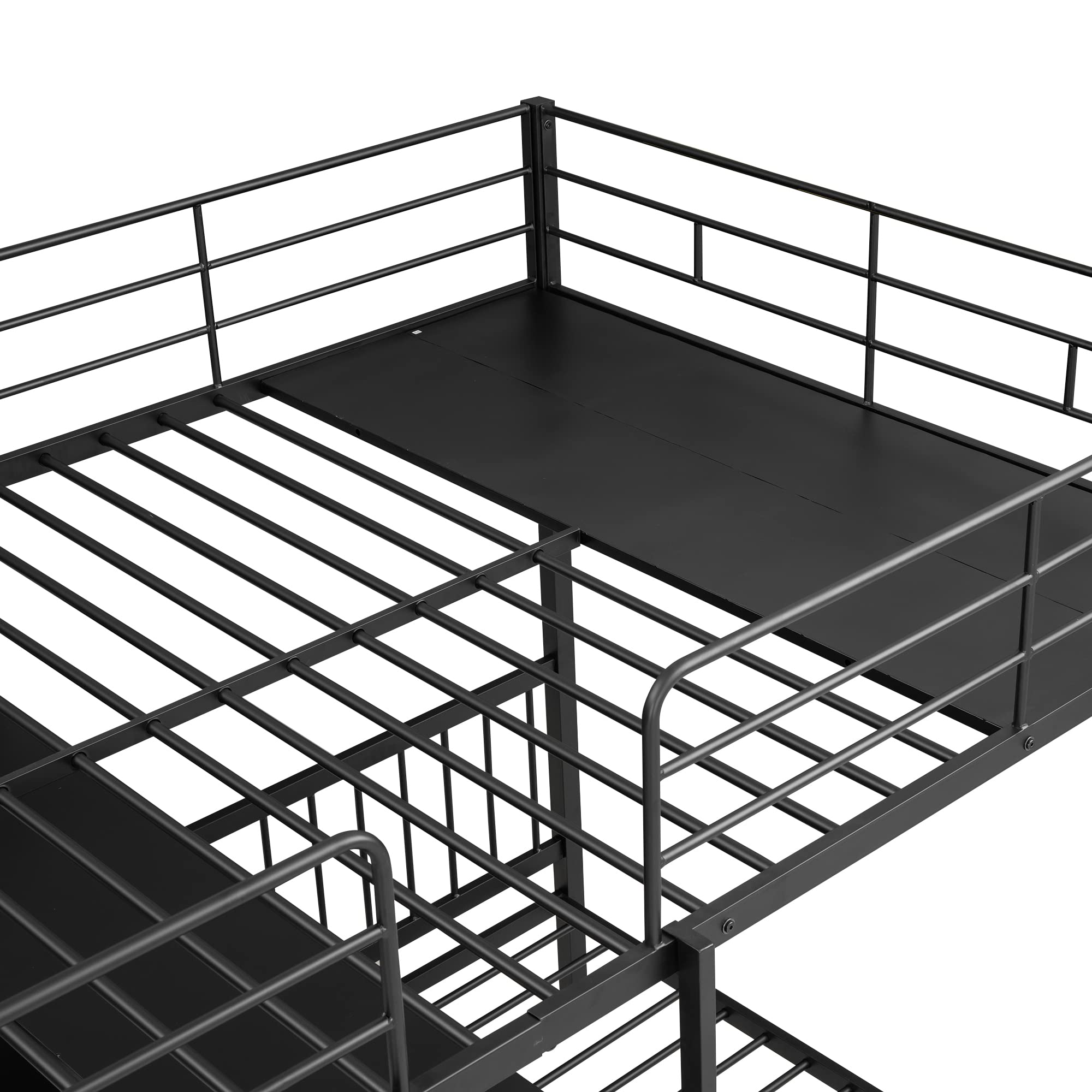 Merax Full Over Twin Metal Bunk Bed, L Shaped Loft Bed Frame with Built-in Desk, Shelves, and Ladder, Black
