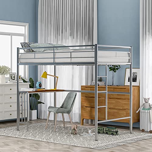 BOVZA Twin Size Loft Bed with Desk, Metal Bed Frame with Ladder and Guardrails, for Kids Teens Adults, Silver