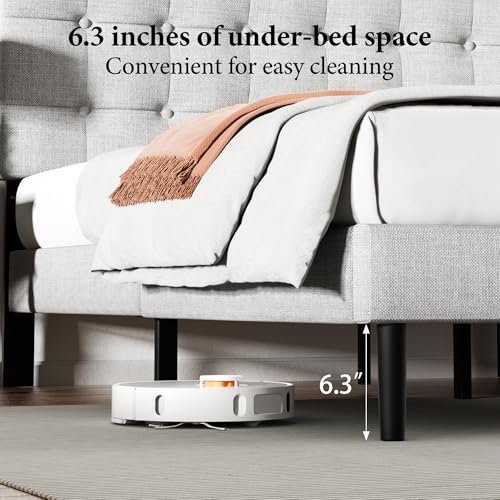 UNIZONE Queen Size Bed Frame with Button Tufted Upholstered Headboard, Linen Platform Bed with Wood Slats Support, Mattress Foundation, No Box Spring Needed, Easy Assembly, Light Grey
