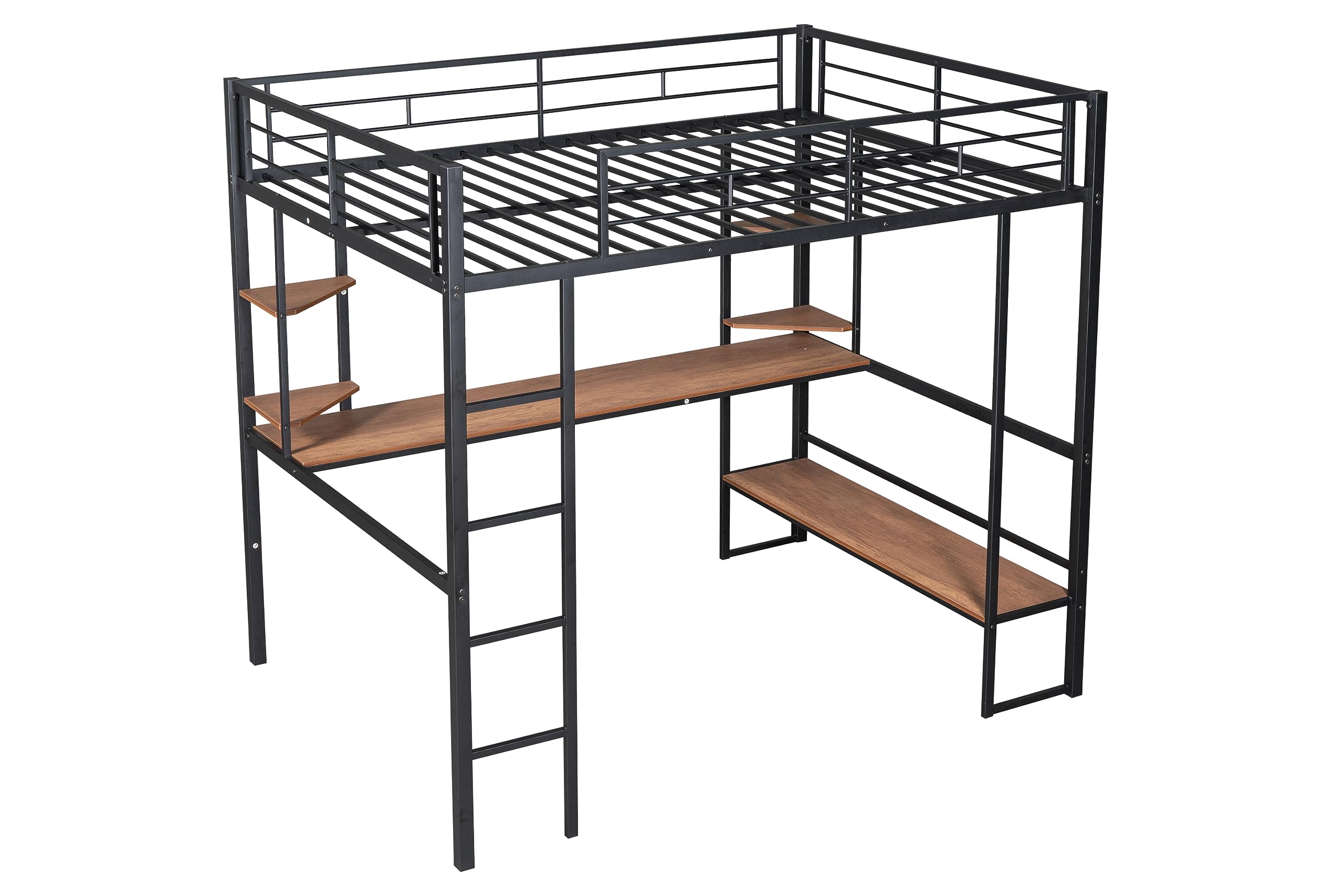 BIADNBZ Full Size Loft Bed with Desk and Shelves Storage, Metal High LoftBed Frame w/Ladder for Kids Teens Adults Bedroom, Black