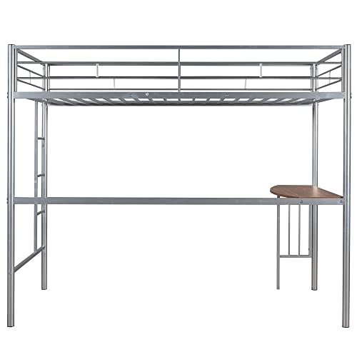 BOVZA Twin Size Loft Bed with Desk, Metal Bed Frame with Ladder and Guardrails, for Kids Teens Adults, Silver