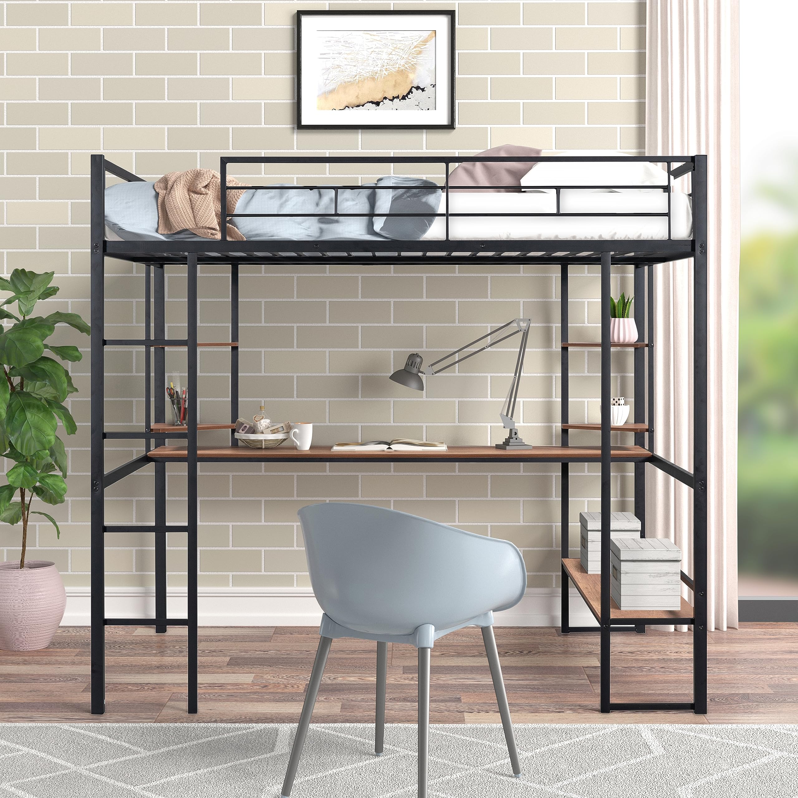BIADNBZ Full Size Loft Bed with Desk and Shelves Storage, Metal High LoftBed Frame w/Ladder for Kids Teens Adults Bedroom, Black