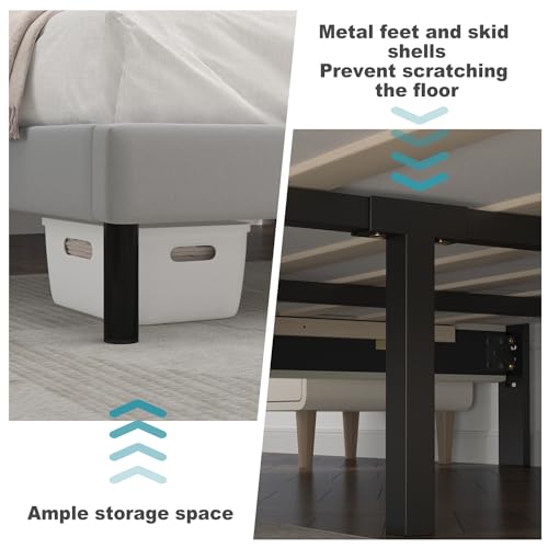 IYEE NATURE Queen Bed Upholstered Platform with Headboard and Strong Wooden Slats, Strong Weight Capacity, Non-Slip,No Box Spring Needed, Easy Assembly,Gray