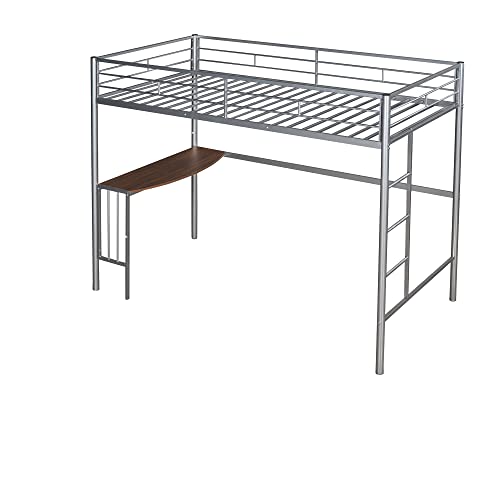 BOVZA Twin Size Loft Bed with Desk, Metal Bed Frame with Ladder and Guardrails, for Kids Teens Adults, Silver
