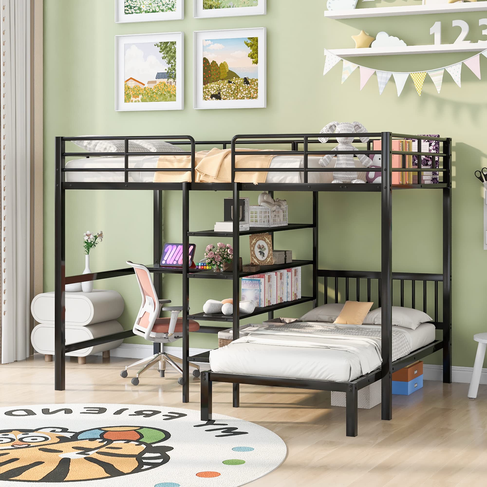Merax Full Over Twin Metal Bunk Bed, L Shaped Loft Bed Frame with Built-in Desk, Shelves, and Ladder, Black