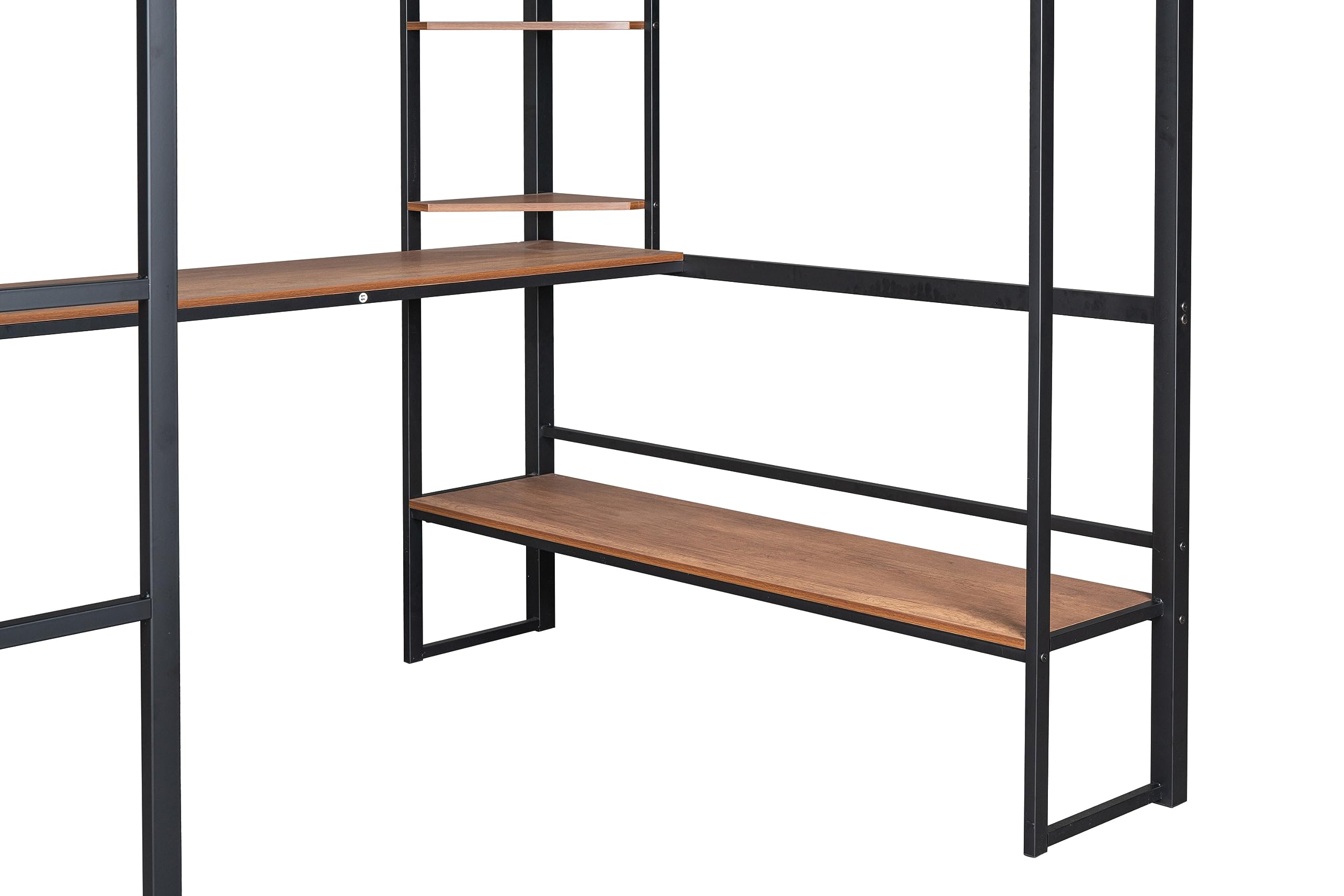 BIADNBZ Full Size Loft Bed with Desk and Shelves Storage, Metal High LoftBed Frame w/Ladder for Kids Teens Adults Bedroom, Black