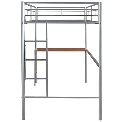 BOVZA Twin Size Loft Bed with Desk, Metal Bed Frame with Ladder and Guardrails, for Kids Teens Adults, Silver