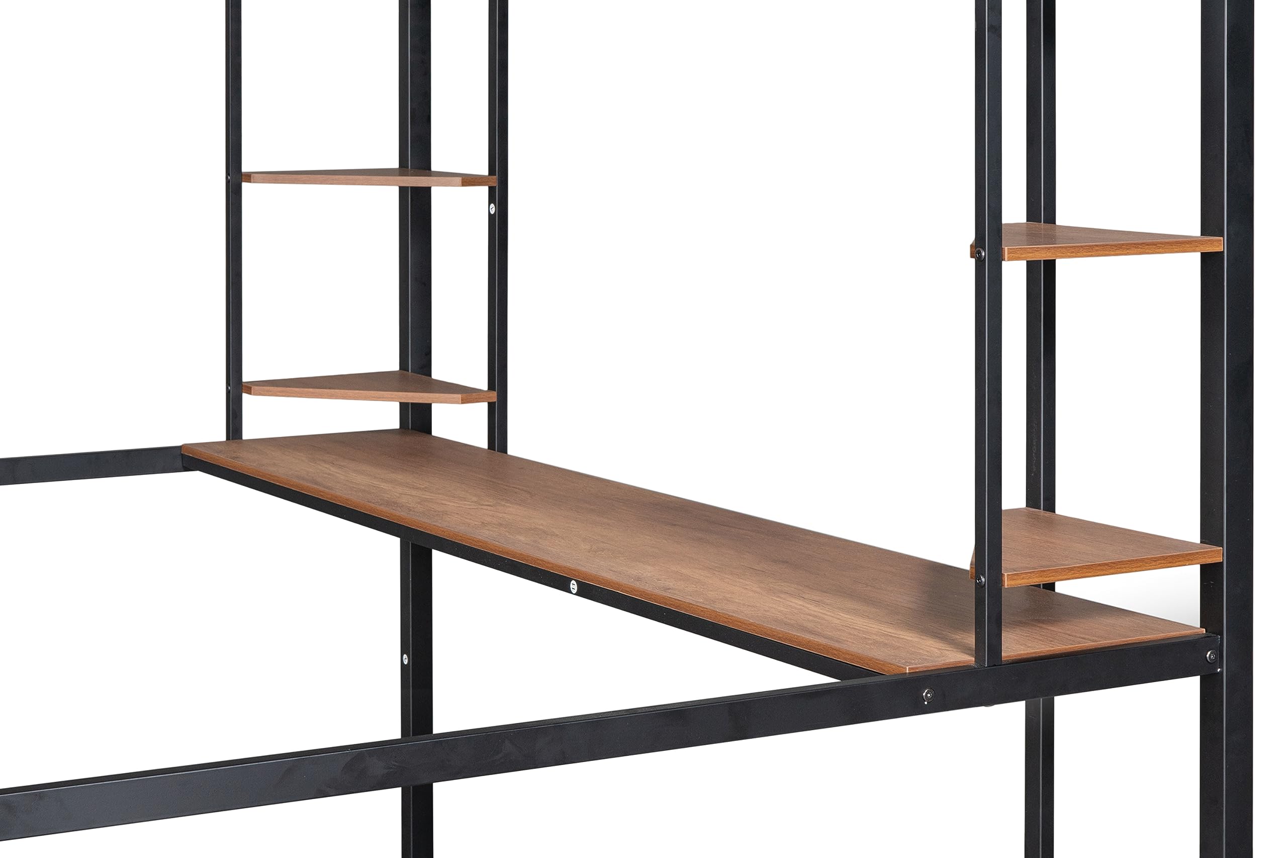 BIADNBZ Full Size Loft Bed with Desk and Shelves Storage, Metal High LoftBed Frame w/Ladder for Kids Teens Adults Bedroom, Black