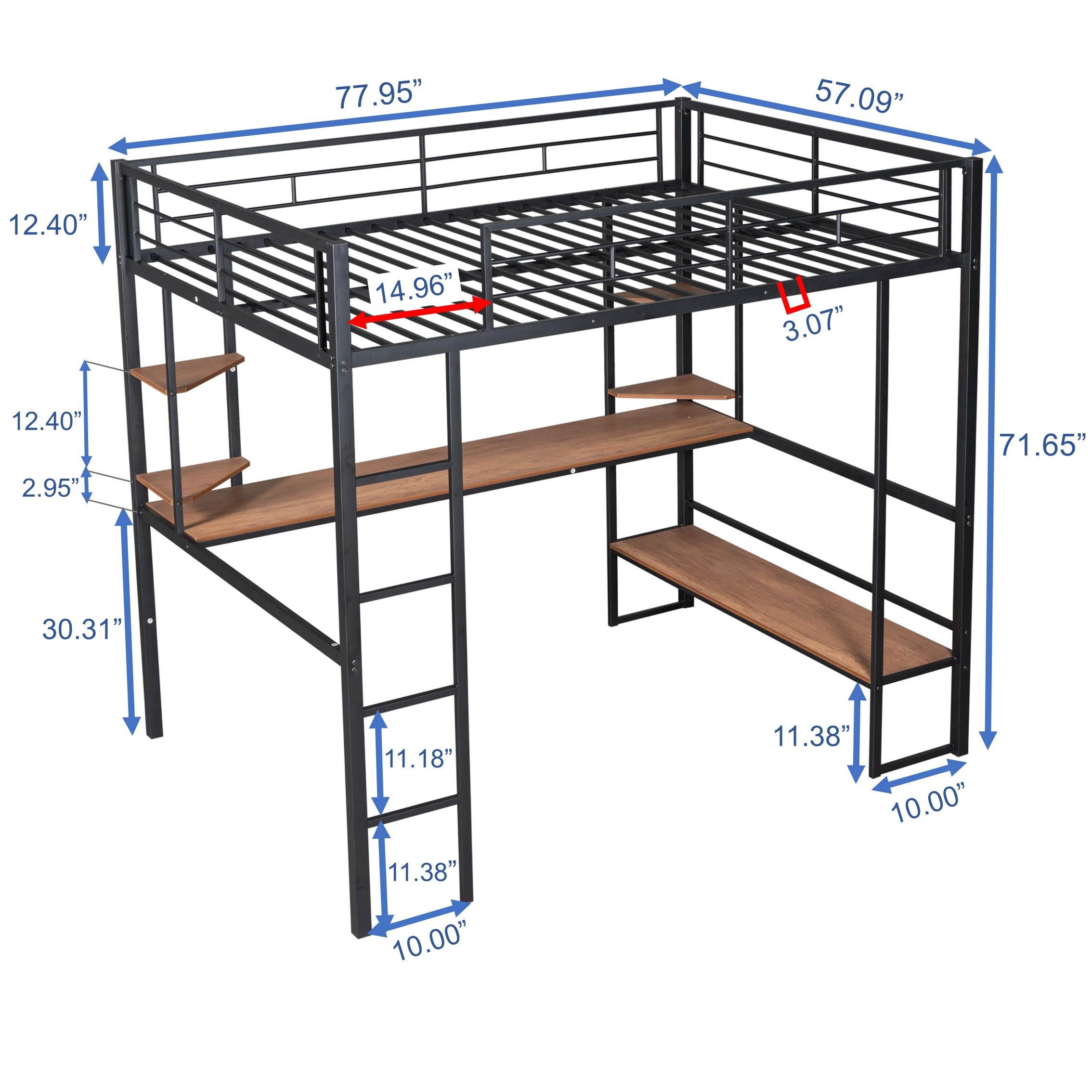 BIADNBZ Full Size Loft Bed with Desk and Shelves Storage, Metal High LoftBed Frame w/Ladder for Kids Teens Adults Bedroom, Black