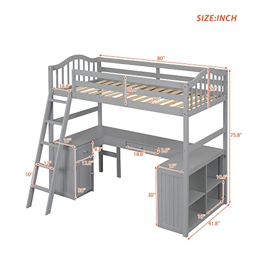 GJHOME Kids Loft Bed with Desk and Drawers, Wooden Twin Loft Bed with Storage Shelves and Angled Ladder, High Loft Bed Frame for Kids, Teens, Adults Boys & Girls, Gray