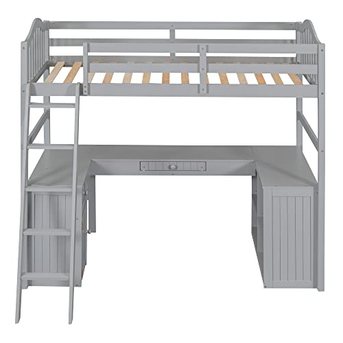 GJHOME Kids Loft Bed with Desk and Drawers, Wooden Twin Loft Bed with Storage Shelves and Angled Ladder, High Loft Bed Frame for Kids, Teens, Adults Boys & Girls, Gray