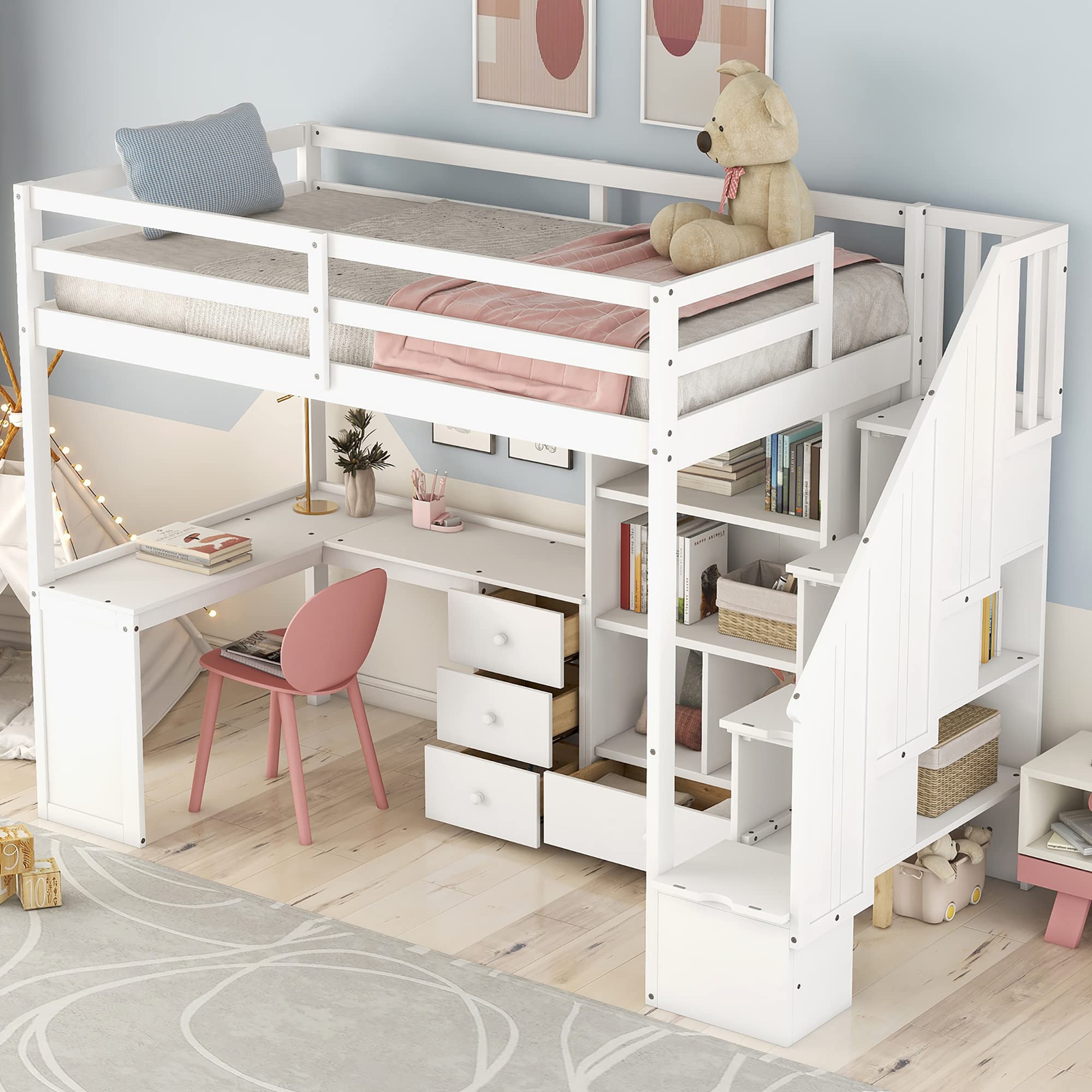 Harper & Bright Designs Twin Loft Bed with Stairs and L-Shaped Desk, Solid Wood Loft Bed Frame with Bookcase and Storage Drawers, for Kids Teens Adults (Twin Size, White)