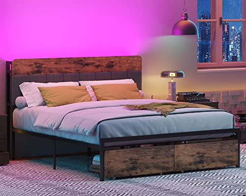 LIKIMIO Queen Bed Frame, with Storage Headboard, Drawers, LED Light, Charging Station, Sturdy, Noiseless, No Need Box Spring, Easy to Assemble