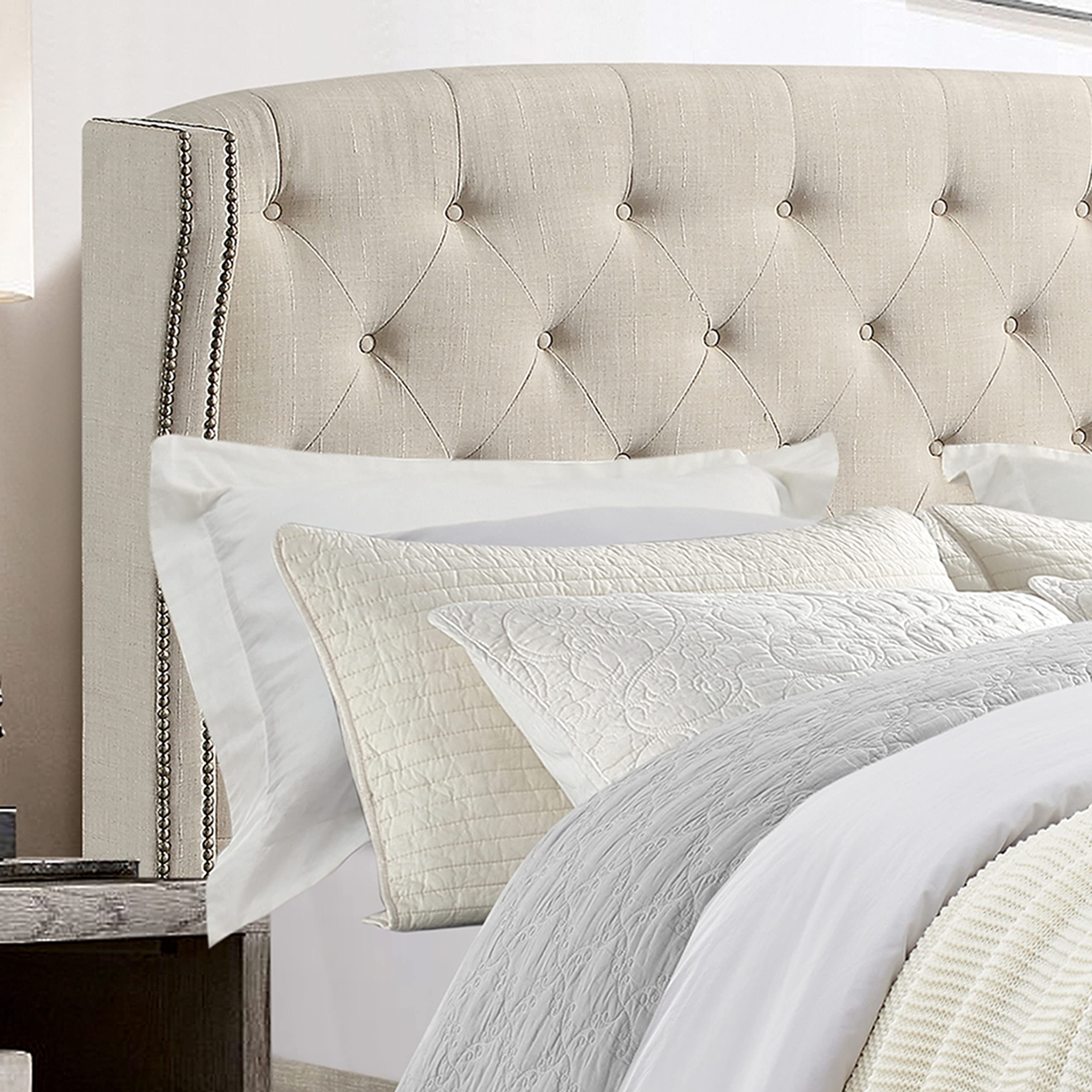 Rosevera Louis Upholstered Wingback Headboard with Double Nailhead Trimming and Button Tufting for Bedroom, Queen, Linen Beige