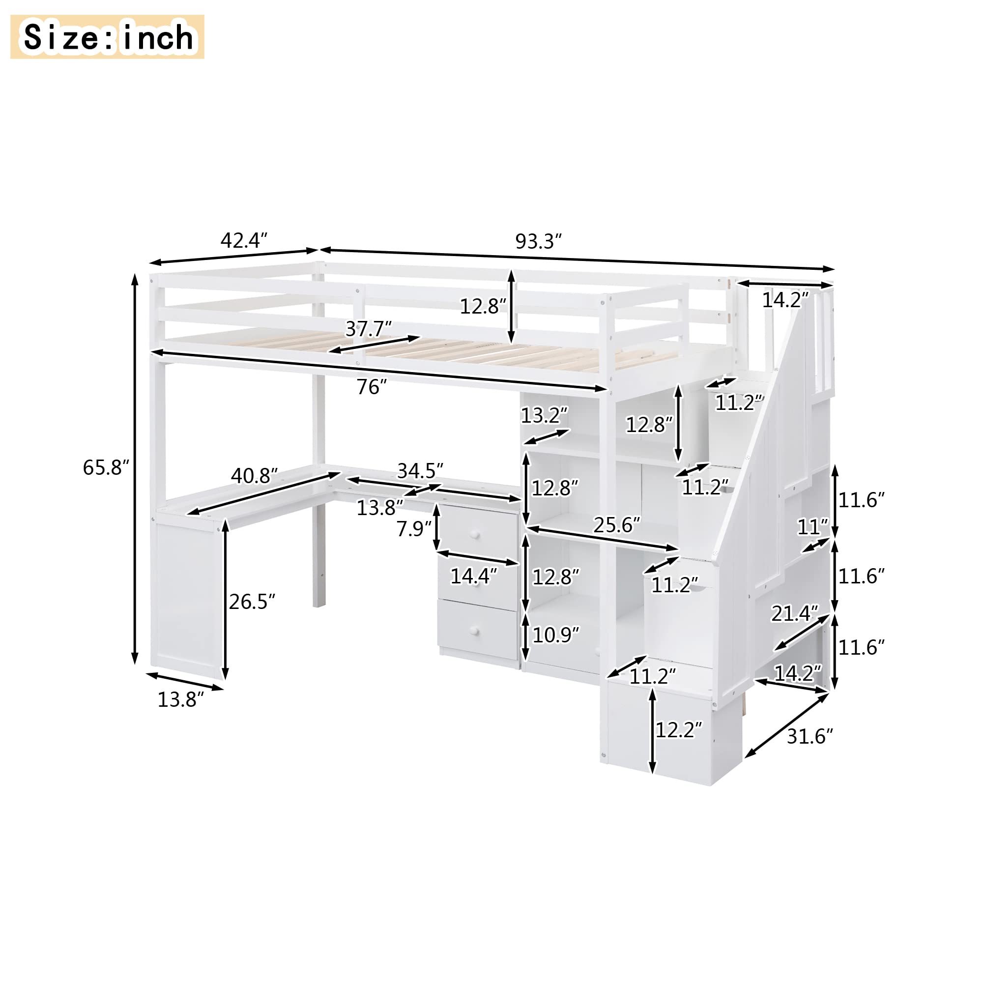 Harper & Bright Designs Twin Loft Bed with Stairs and L-Shaped Desk, Solid Wood Loft Bed Frame with Bookcase and Storage Drawers, for Kids Teens Adults (Twin Size, White)