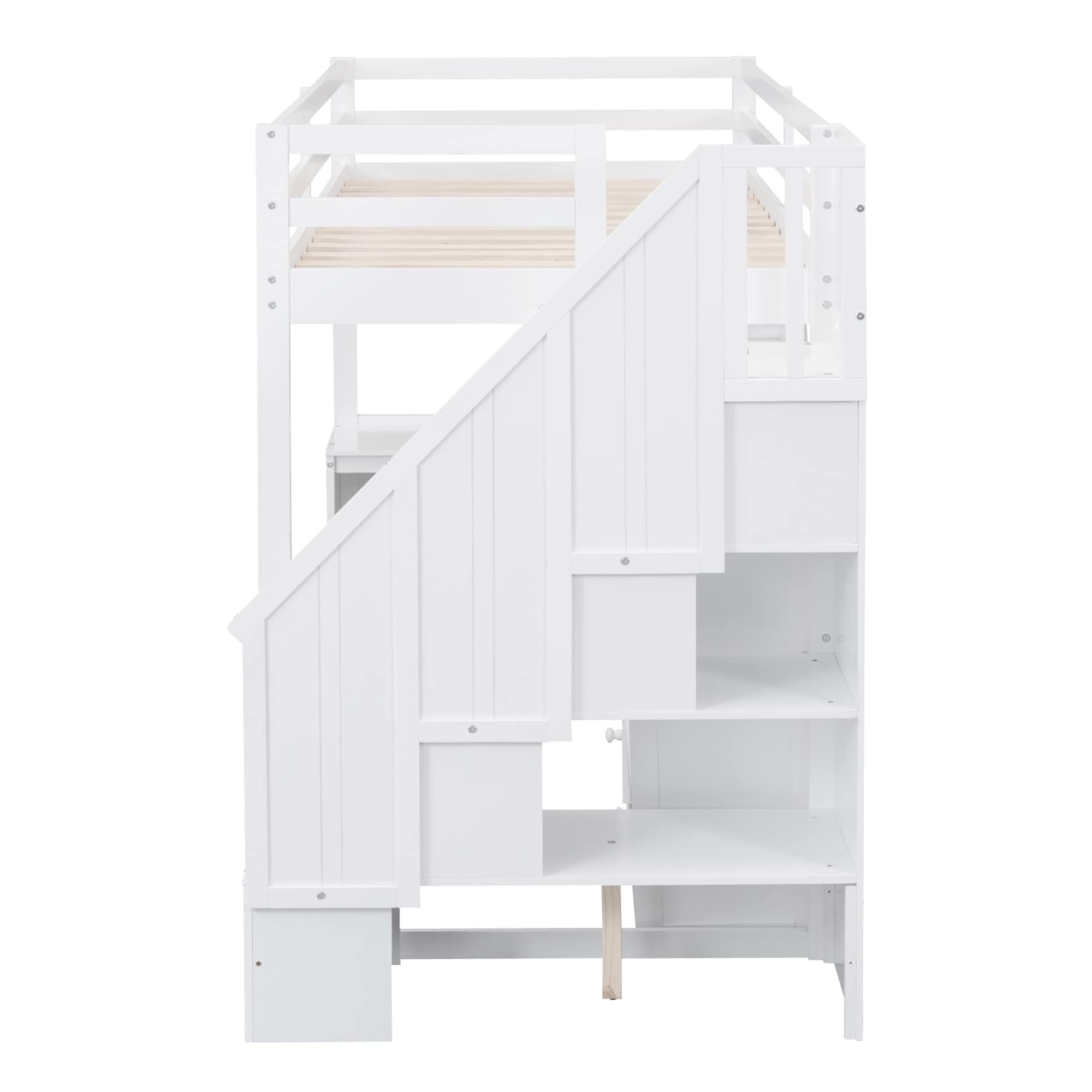 Harper & Bright Designs Twin Loft Bed with Stairs and L-Shaped Desk, Solid Wood Loft Bed Frame with Bookcase and Storage Drawers, for Kids Teens Adults (Twin Size, White)