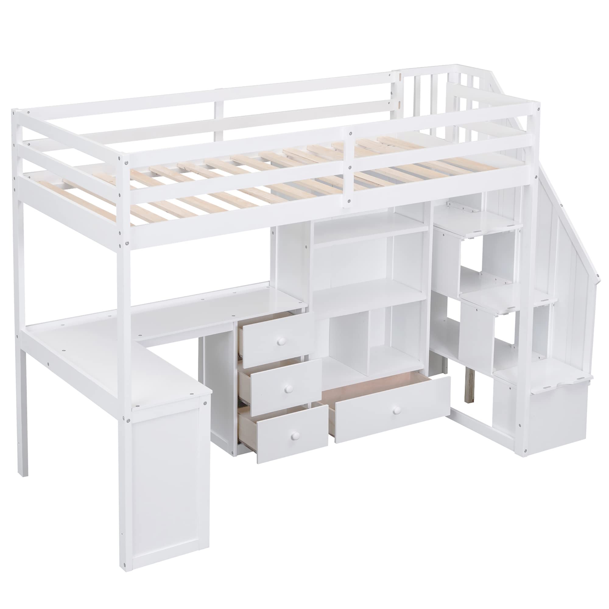 Harper & Bright Designs Twin Loft Bed with Stairs and L-Shaped Desk, Solid Wood Loft Bed Frame with Bookcase and Storage Drawers, for Kids Teens Adults (Twin Size, White)