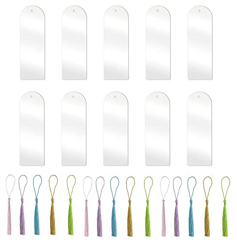 SOWAKA 15 Pcs Acrylic Bookmark with Hole Clear with 15 Pcs Tassels Soft Semicircle Small Transparent Book Markers for DIY Project Graduation Christmas Thanksgiving Gift Tags (Semicircle)