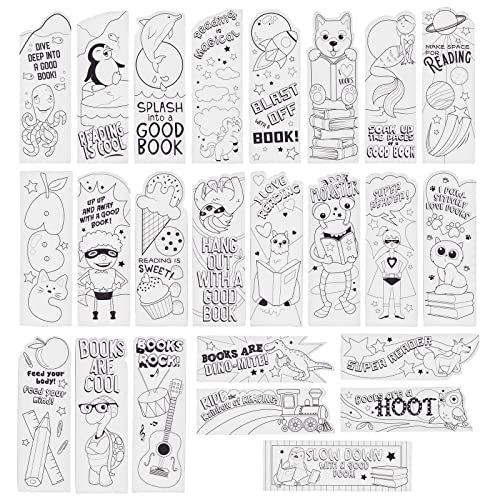 24 Pack Color Your Own Bookmarks for Kids, Students, DIY Classroom Art, 24 Book Worm Designs (2 x 6 in)