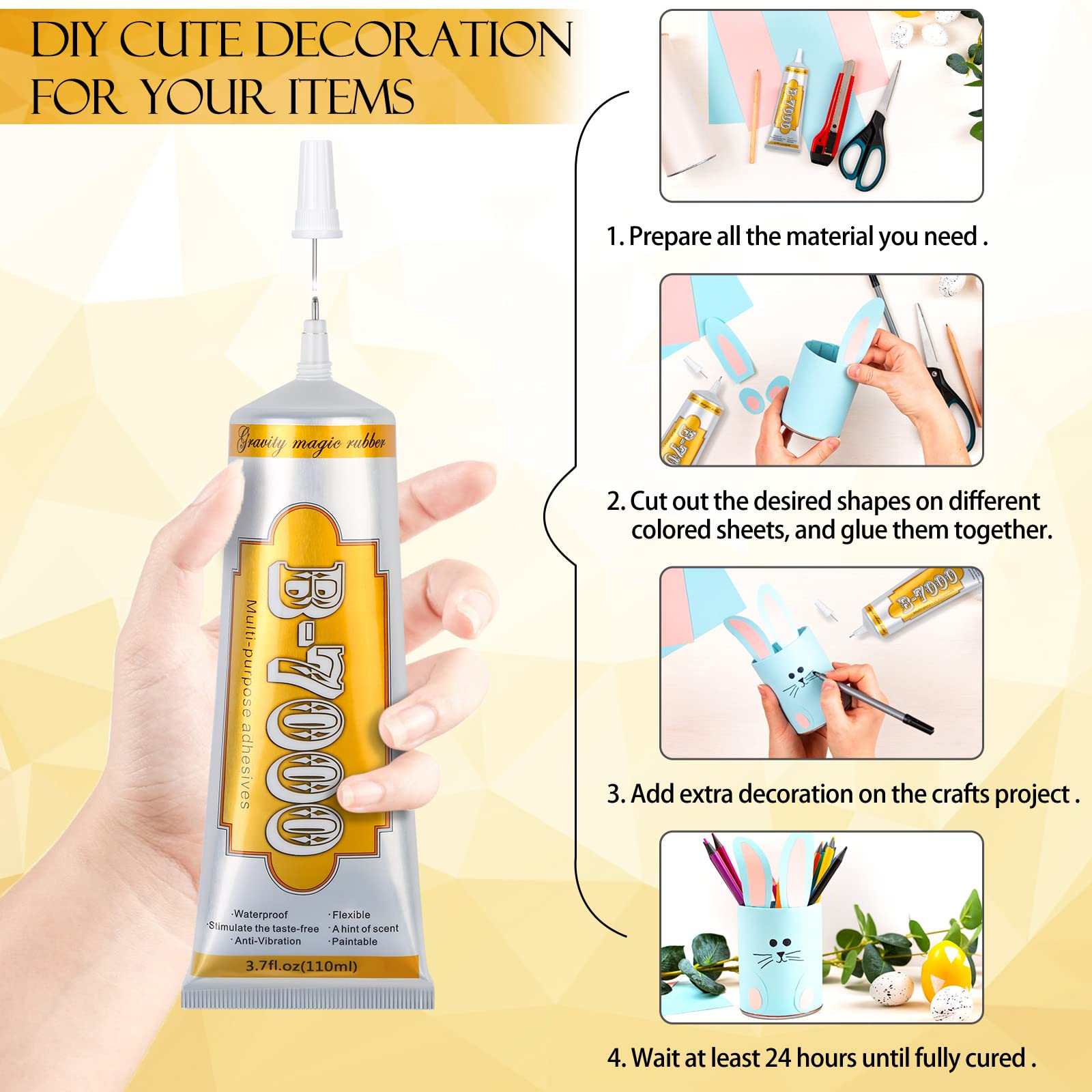 B7000 Rhinestone Glue Clear, B-7000 Glue 3.7 fl oz Upgrade Multi-Function Adhesive Super Glue with Cap & Precision Tip for Jewelry Repair, Small Hobby Models, Metal Stone Crafts, Fabric, Shoes(110ML)
