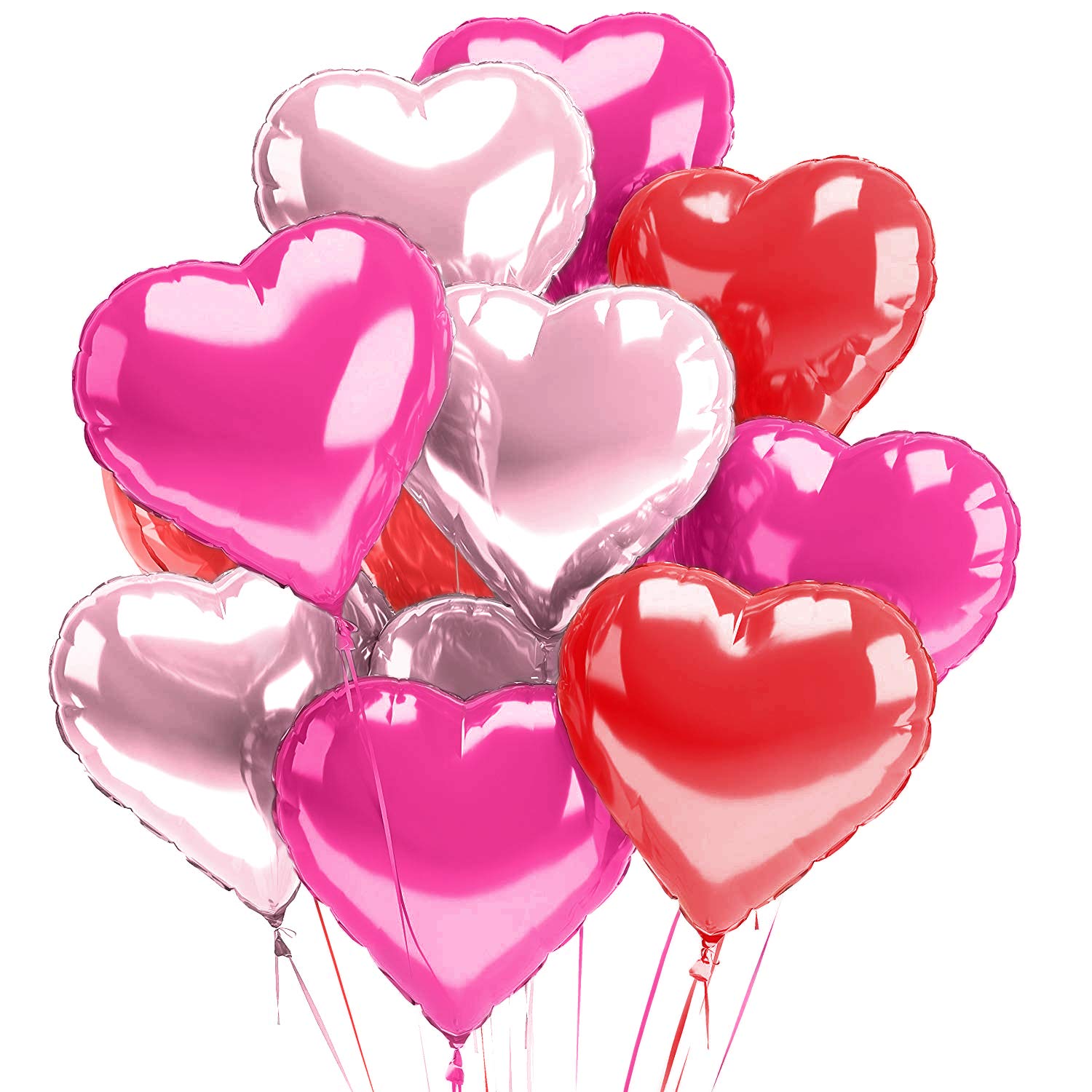 Hot Pink Heart Balloons 15 PACK - Valentines Day Heart Shaped Balloons - Mylar Pink Red Rose Gold Foil Decorations