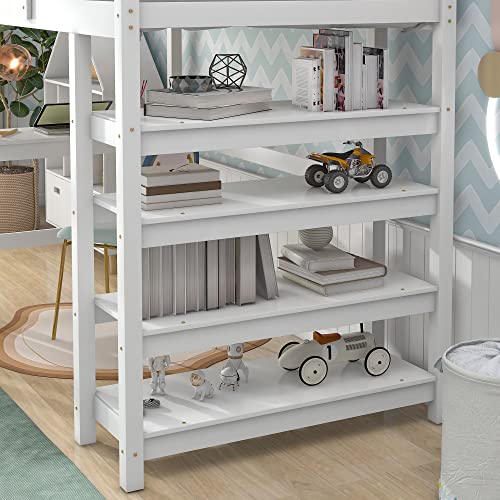 HZHOME Twin Size Loft Bed with Desk and Shelves, Wood LoftBed Frame with Ladder and High Guardrail, for Kids Teens Bedroom Dorm, White