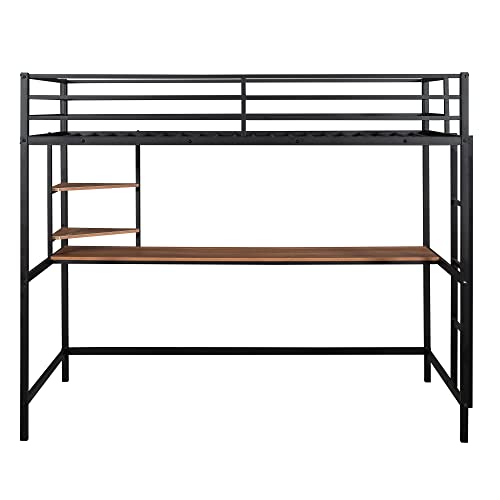 RORIGAT Twin Size Metal Loft Bed with Desk and Two Shelves Space-Saving Solution for Kids,Black