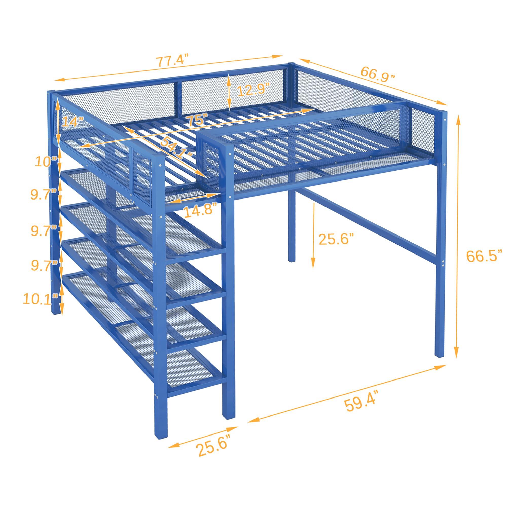 Bellemave Full Size Metal Loft Bed with 4-Tier Shelves and Storage, Loft Bed with Bookshelf (Blue)