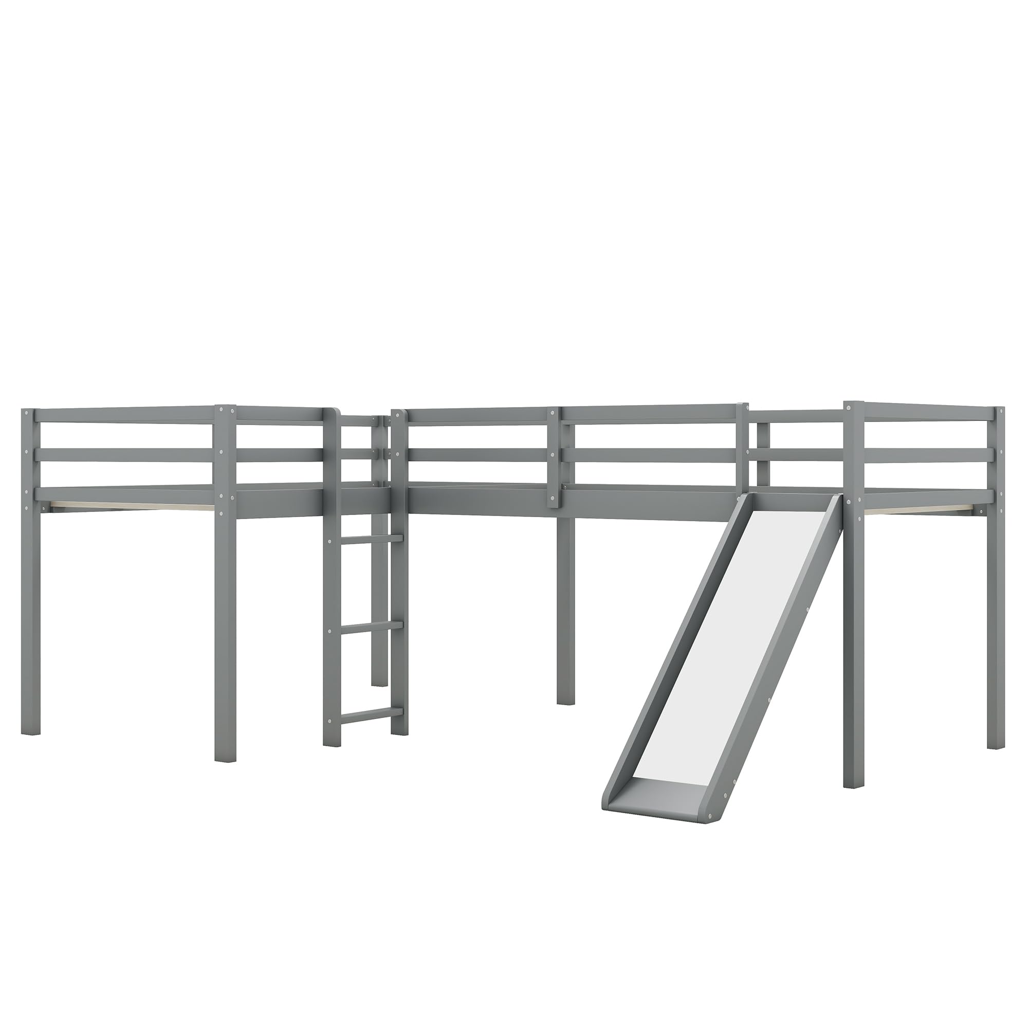 RUNWON Twin Size L-Shaped Loft Bed with Ladder and Slide for 2 Kids Teens