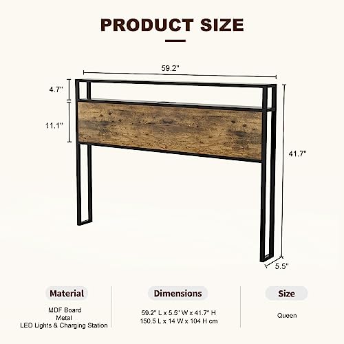 IKIFLY Queen Size Storage Headboard with LED Lights & Charging Station - Industrial Metal and Wood Queen Headboard Only for Bedroom, Attach Frame, Easy Assembly - Rustic Brown