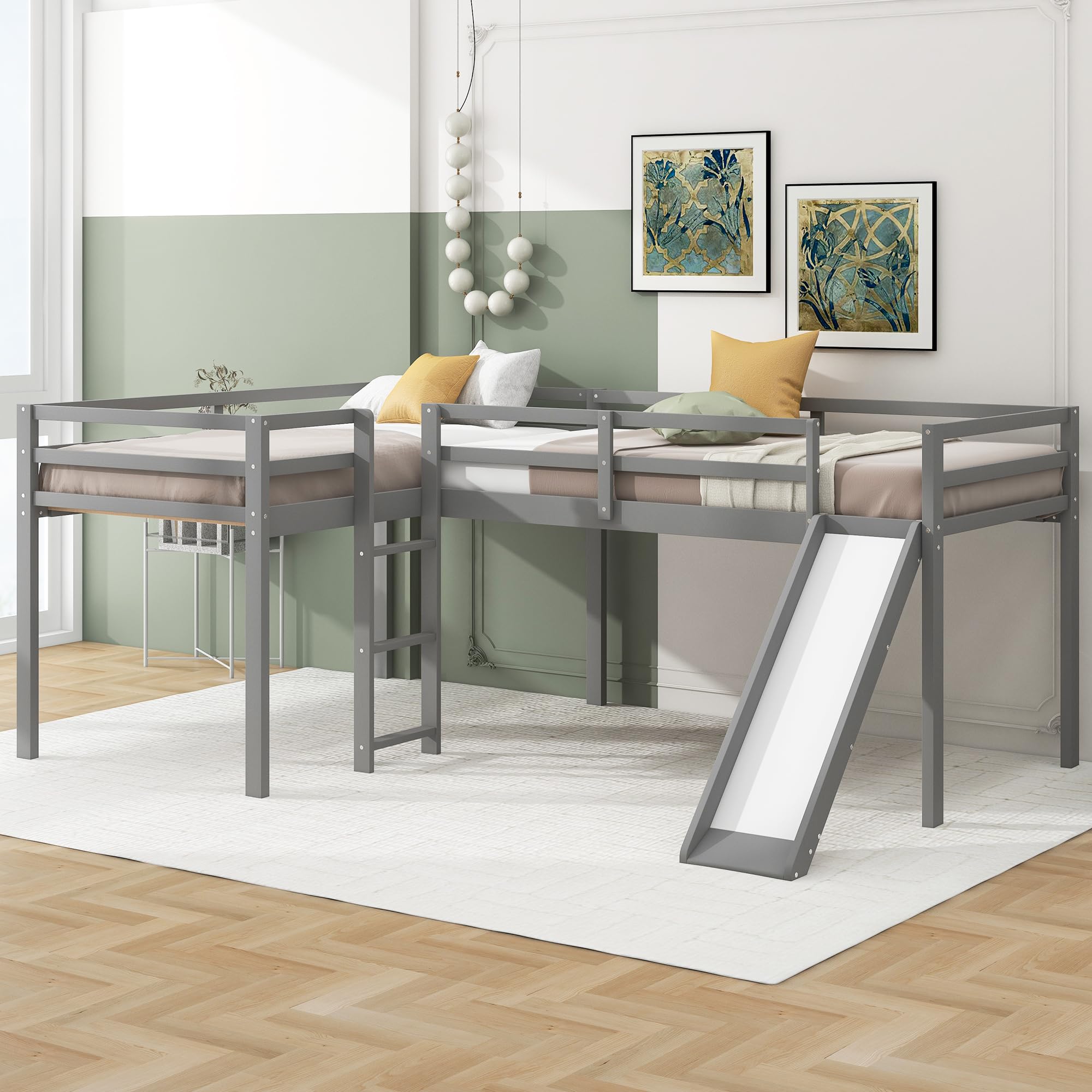 RUNWON Twin Size L-Shaped Loft Bed with Ladder and Slide for 2 Kids Teens